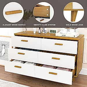 Vibe & Dine 6 Drawer Dresser, White Wooden Dresser for Bedroom, Wide Chest of Drawers with Solid Wood Handles and Legs for Living Room