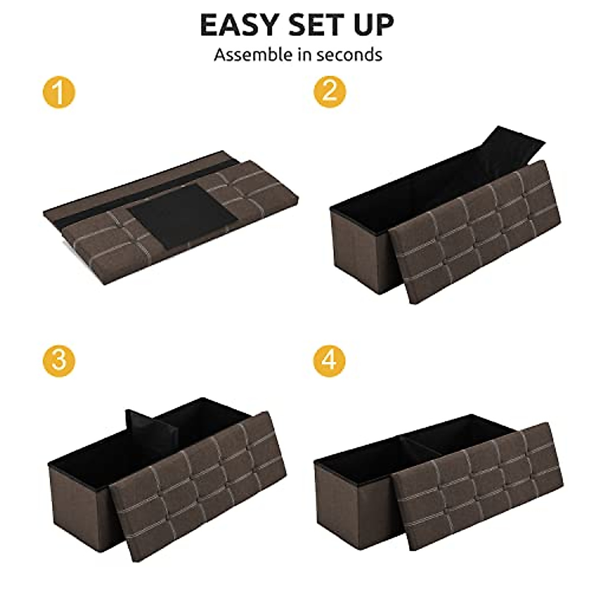 YOUDENOVA 43 Inches Folding Storage Ottoman Bench, Storage Chest Foot Rest Stool with Wooden Divider, Bed End Bench with 120L Large Storage Space, Linen Fabric Brown