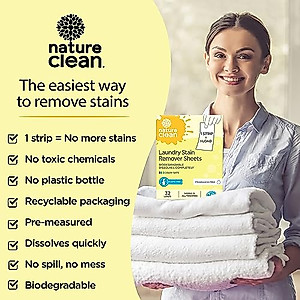 Nature Clean Natural Laundry Stain Remover Strips For Clothes 36 count, Non-Toxic Plastic-Free Packaging Unscented Eco-Friendly Biodegradable Septic Safe. Laundry Detergent Sheets Stain Remover for Fabric & Travel.