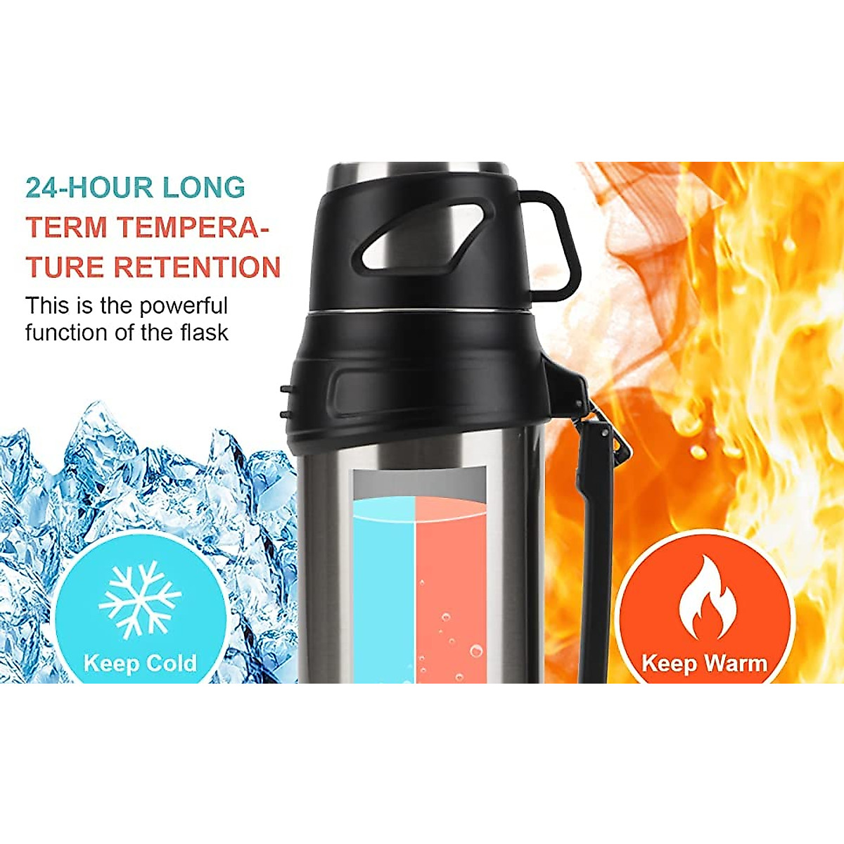 68oz (2 Liter) Coffee Vacuum Thermos for Travel - 24 hours Keeping Hot and Cold Drinks, Stainless Steel 3 Layers, Vacuum insulated Flask with 2 Cups for Hiking & Camping