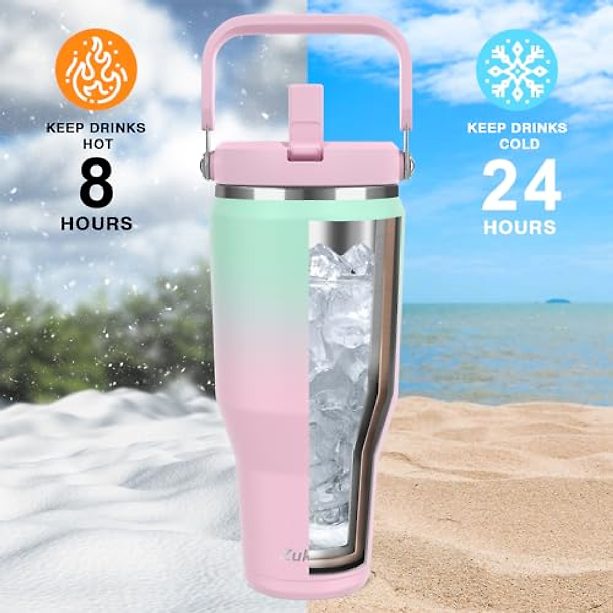 Zukro 40 OZ Tumbler With Flip Straw |Triple-Wall Vacuum Insulated Cup With Top Handle For Gym Sports Outdoors |Reusable Leak Proof Stainless Steel Water Bottle, Fit in Cupholder |Cold 30 Hours