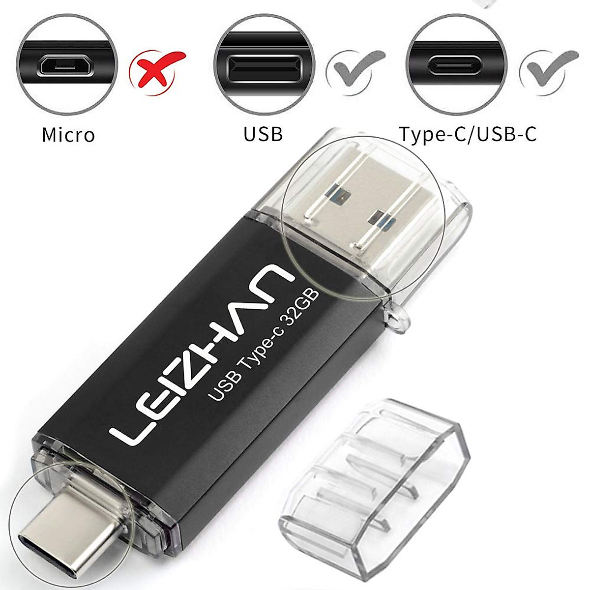 LEIZHAN USB C Flash Drive 32GB Type C Thumb Drive for Samsung Galaxy S10, S10e, S9, S8, S8 Plus, LG G5 G6, Google Pixel XL Data Storage Photo Stick USB 3.0 Type C Pendrive, Black
