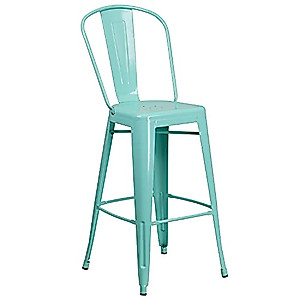 Merrick Lane Stella 30" Metal Indoor-Outdoor Barstool with Vertical Slat Back and Integrated Footrest in Mint Green