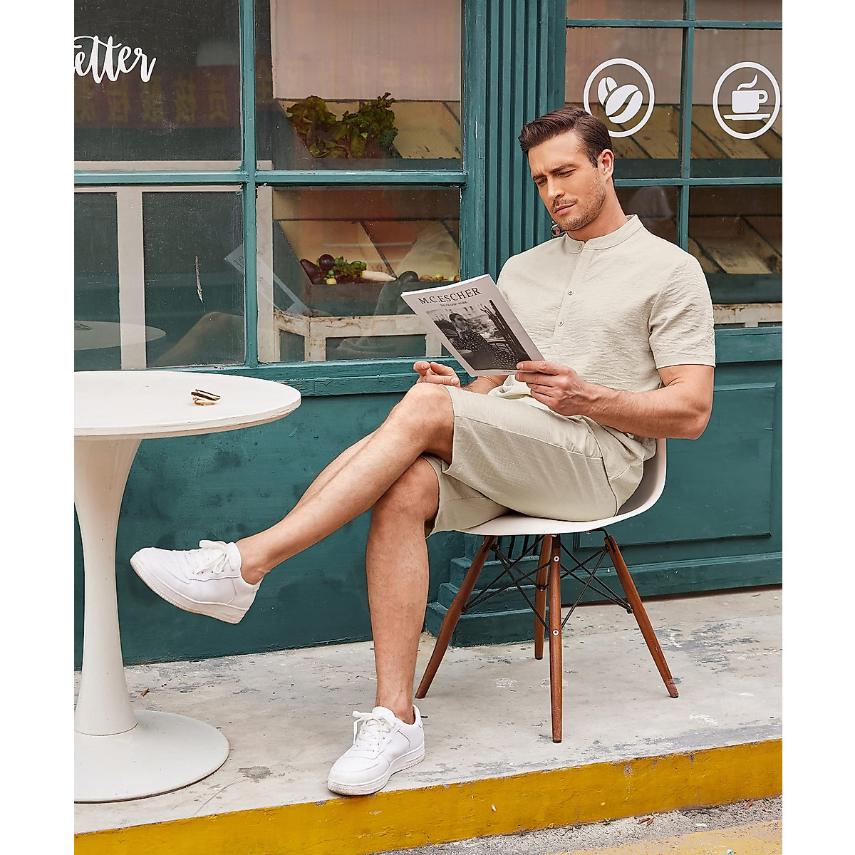 COOFANDY Men's 2 Pieces Linen Set Casual Henley Shirts Short Sleeve Beach Yoga Shorts Summer Pants Outfits