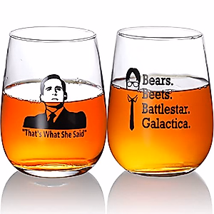 The Office Merchandise Wine Glass Set of 2 - That’s What She Said Wine Glass, Bears Beets Battlestar Galactica, The Office TV Show Fan Gifts, The Office Gifts for Women and Men, 17 oz