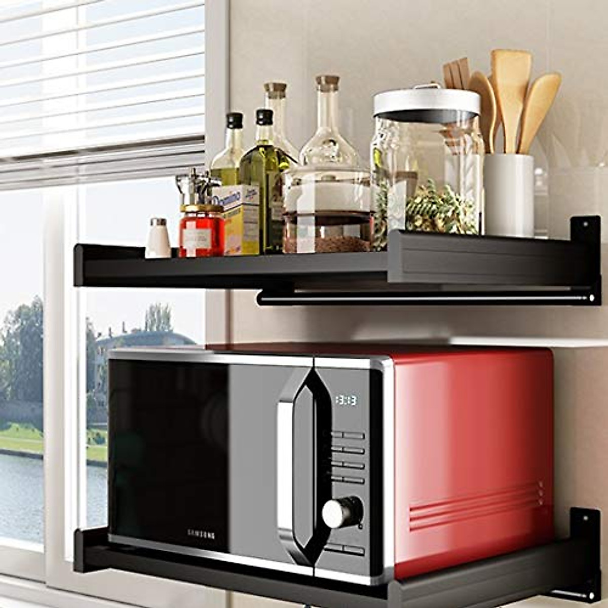 ZSQAI Microwave Oven Rack Kitchen Countertop Storage Organizer, Storage Shelf over Microwave with 3 Hooks, Save Space Durable Black Space Aluminum