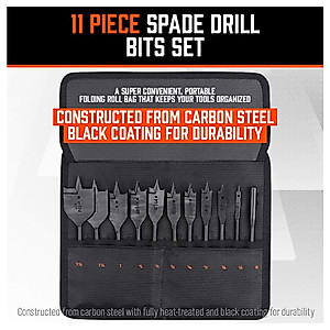 SEDY 11-Pieces Spade Drill Bit Set, Paddle Flat Bits with Extension for Woodworking, Industrial Grade Carbon Steel Black Coat, 1/4" to 1-1/2" with Storage Bag and Exquisite Packaging