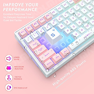 GK98 Wireless Gaming Keyboard,2.4G Rechargeable RGB White Backlit Ergonomic 98 keys Mechanical Feeling Dual Color Keyboard for Office Windows Mac PC Xbox PS4 Gamer(WhitePink)