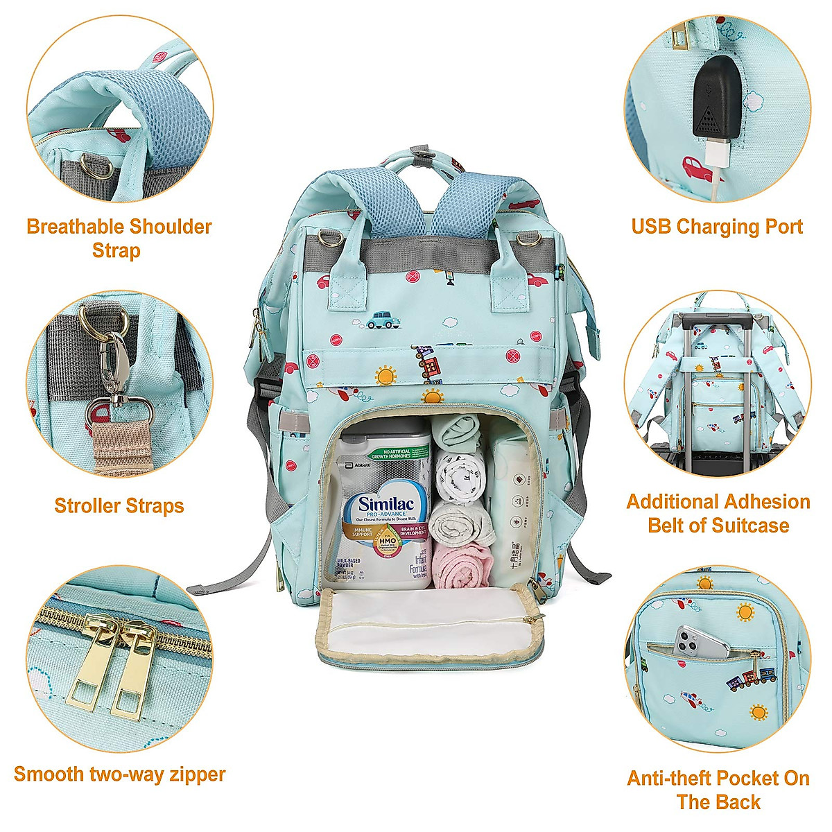 Diaper Bags Backpack Baby Bag for Mom Dad Baby Girls Boy, Cute Mult Diaper Nappy Bag Travel Back Pack,Waterproof Maternity Changing Bag Baby Stuff with USB Charging Port Stroller Straps Large Blue