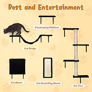 COZIWOW 5 Pcs Wall-Mounted Cat Climber Set with Cat Shelves and Perches, Ladder, Cat Condo House, Scratching Board and Cat Tree, Cat Wall Shelves Furniture, Wood Indoor,Black