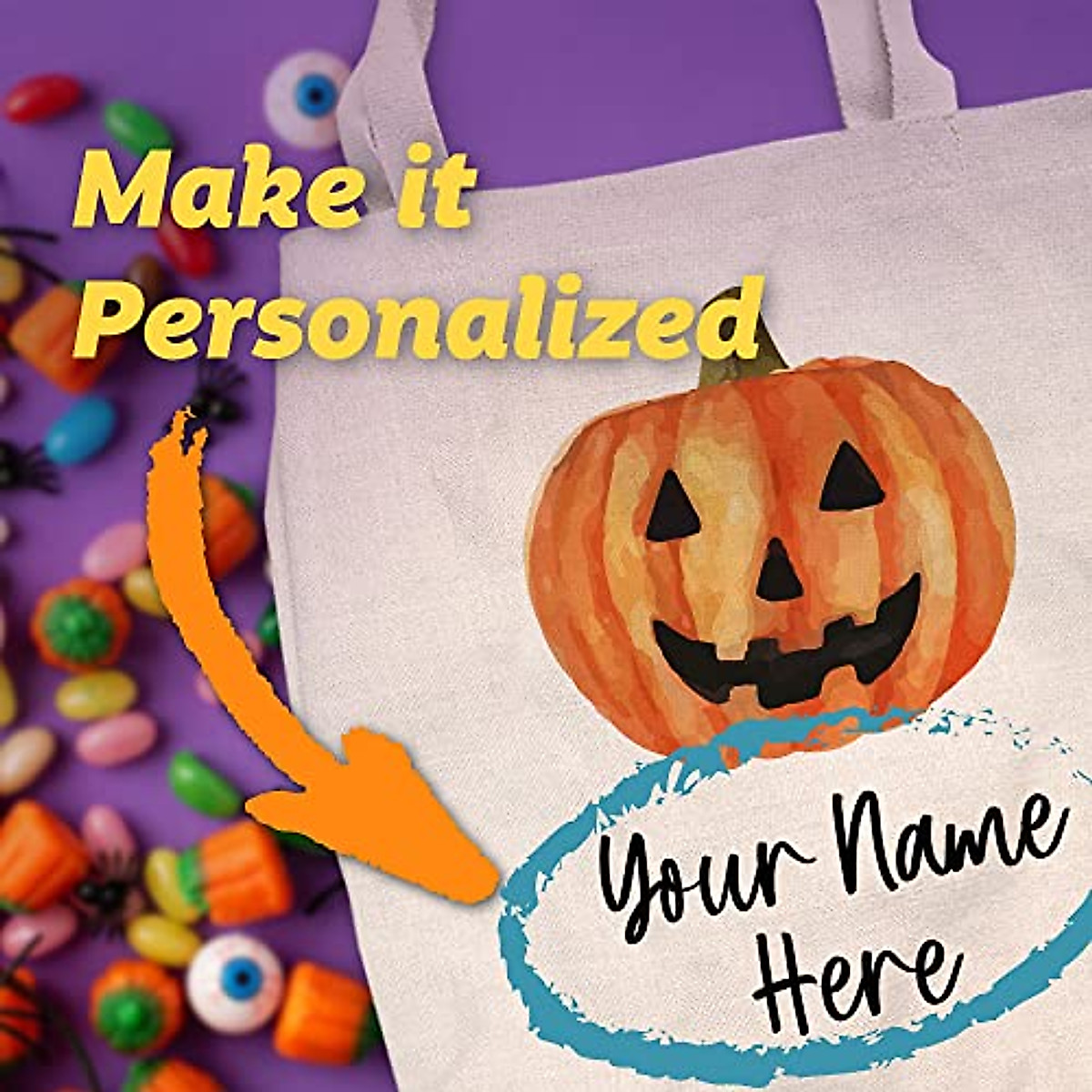 Pattern Pop - Personalized Halloween Tote Bag - Graphic Canvas Tote Bag - Personalized Candy Bag for Trick or Treat - 16” x 14.5” - Jack o’ Lantern