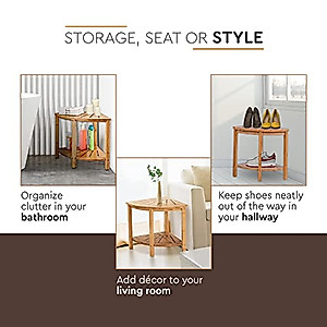 Bamboo Corner Shower Bench - Shower Stool, Shaving Stool with Non-Slip Feet - Wood 2-Tier Seat with Storage Shelf - Bathroom, Living Room, Bedroom, Garden Etc. Seat or Organizer