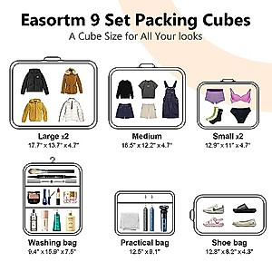 Easortm Packing Cubes 9 Set, Suitcase Organizer Bags Set Travel Cubes Durable Luggage Bags for Travel, Luggage Organizer for Travel Essentials.(Beige)
