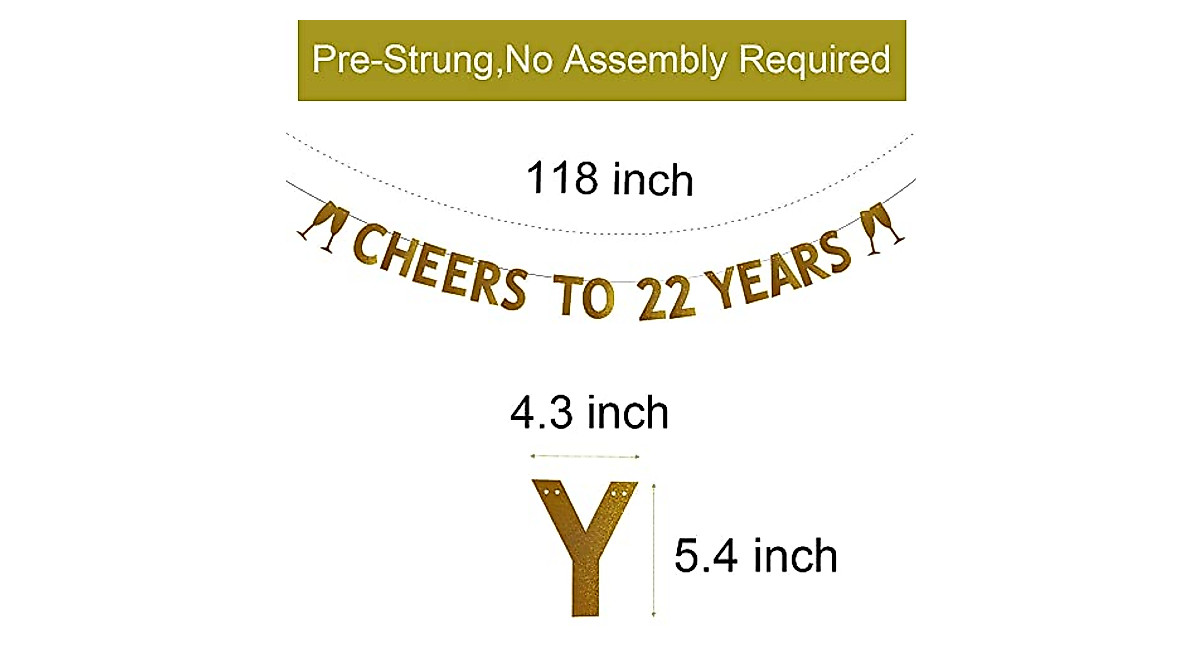 Cheers to 22 Years Banner - Gold Glitter Party Decor for 22nd Birthday