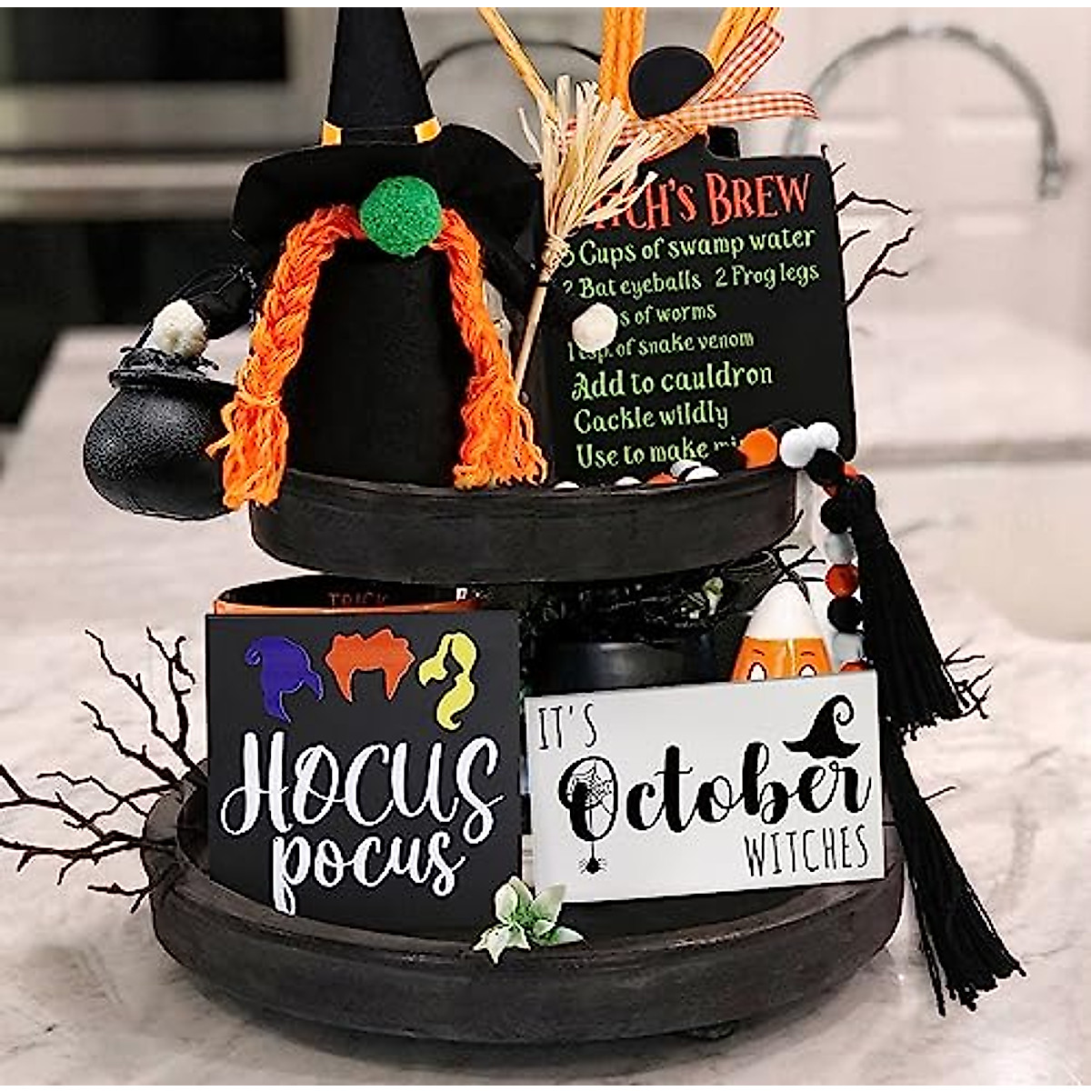 Halloween Decorations - Halloween Decor - Farmhouse Tiered Tray Decor Items - 3 Rustic Wooden Signs, Cute Witch Cauldron Gnomes Plush and Beads Garland for Fall Indoor Home Table Room Kitchen Office