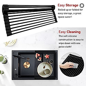 MERRYBOX Roll Up Dish Drying Rack, Silicone Wrapped Over The Sink Dish Rack Foldable Dish Drainer Anti-Slip Dish Racks for Kitchen Counter, Multipurpose Kitchen Sink Drying Rack, 18" x 13", Black