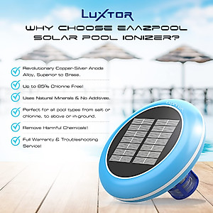 LUXTOR Solar Pool Ionizer, Cleaner, and Purifier Restores Clear, Chlorine-Free Water, Long Lasting Anode for 35,000 Gallons, Natural Shock for Swimming Areas, Smart Replacement
