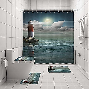 Nautical Shower Curtain Bathroom Rugs Sets 4 Piece , Ocean Lighthouse Shower Curtain Waterproof Fabric with Non Slip Bathroom Rugs Contour Floor Mat Toilet Lid Cover Shower Accessories for Bathroom