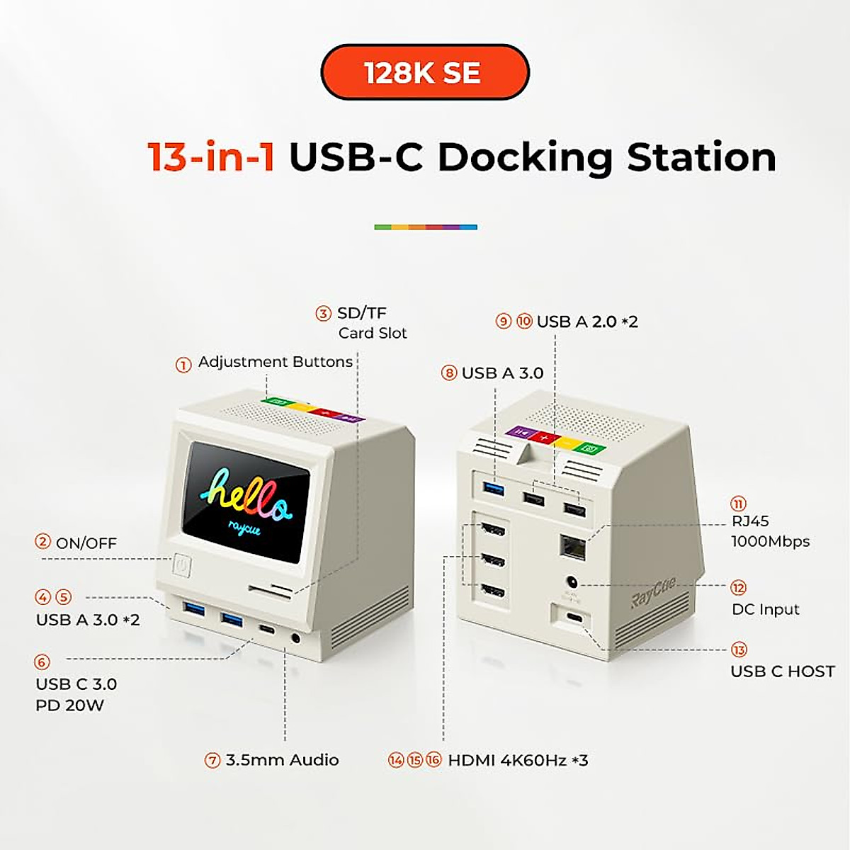 RayCue 128K SE Docking Station Triple Monitor, Digital Clock/Photo Frame,13-in-1 USBC Dock Triple 4K Display for MacBook Windows, 3 HDMI, USB C Data, Ethernet, Audio, 5 USBA Ports