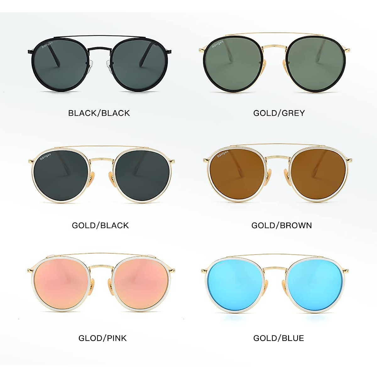 CONRAD RONTGEN Retro Round Sunglasses for Women Men Double Bridge UV400 Protection Gold Frame Black Lens