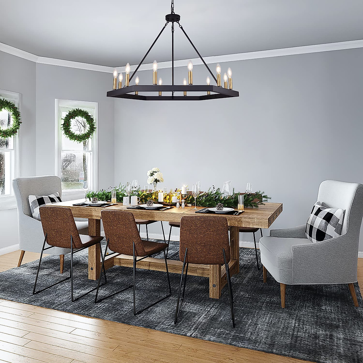 Wellmet 12 Light Large Chandeliers for High Ceilings, Modern Farmhouse Chandelier 40" Diameter, Black and Gold Wagon Wheel Light Fixture for Foyer, Dining Room, Living Room, Hexagon Shape