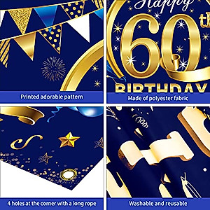 Blue Happy Birthday Banner Decorations for Men, Blue Gold Birthday Backdrop Party Supplies, Birthday Photo Background Sign Decor (blue 60th)
