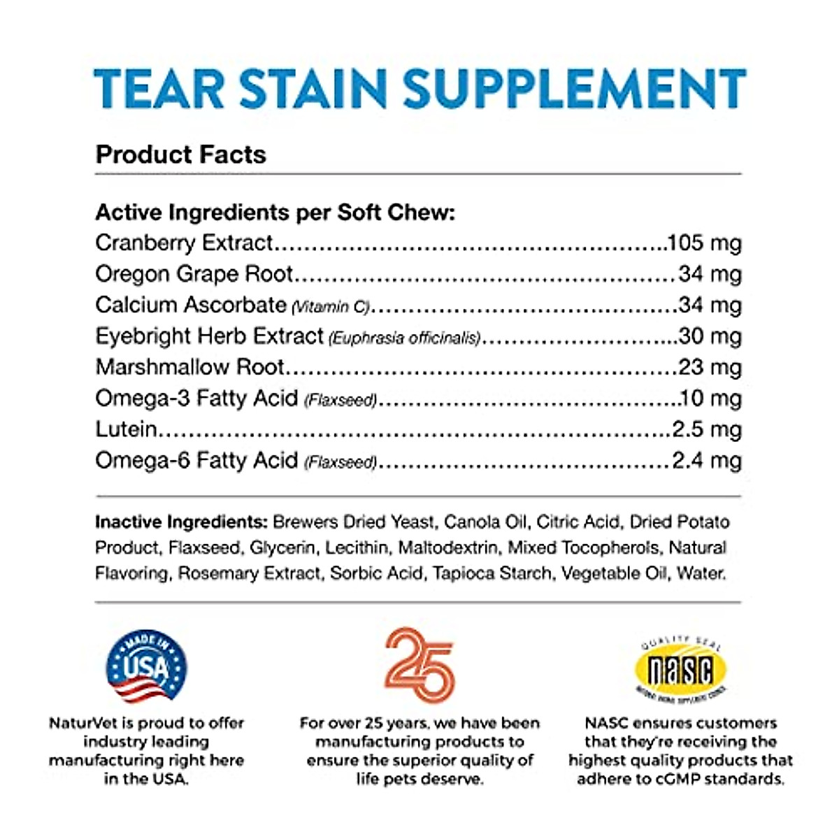 NaturVet – Tear Stain Plus Lutein – Eliminates Unsightly Tear Stains – Enhanced with Cranberry Extract, Marshmallow Root & Oregon Grape Root – for Dogs & Cats – 70 Soft Chews