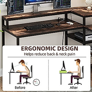 TIYASE L Shaped Desk with Power Outlet and USB Port, 59 in L-Shaped Computer Corner Desk with Storage Shelves, Home Office Desk Workstation with Monitor Stand, Tower Shelf, Rustic Brown