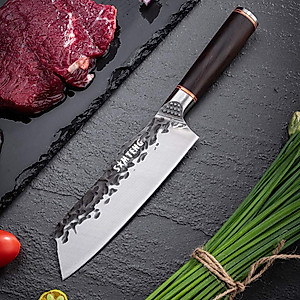 SMTENG Nakiri Knife 7 Inch Professional Chef Knife 3 layer 9CR18MOV clad steel hammered with Ergonomic Pakkwood handle kitchen knife for cooking