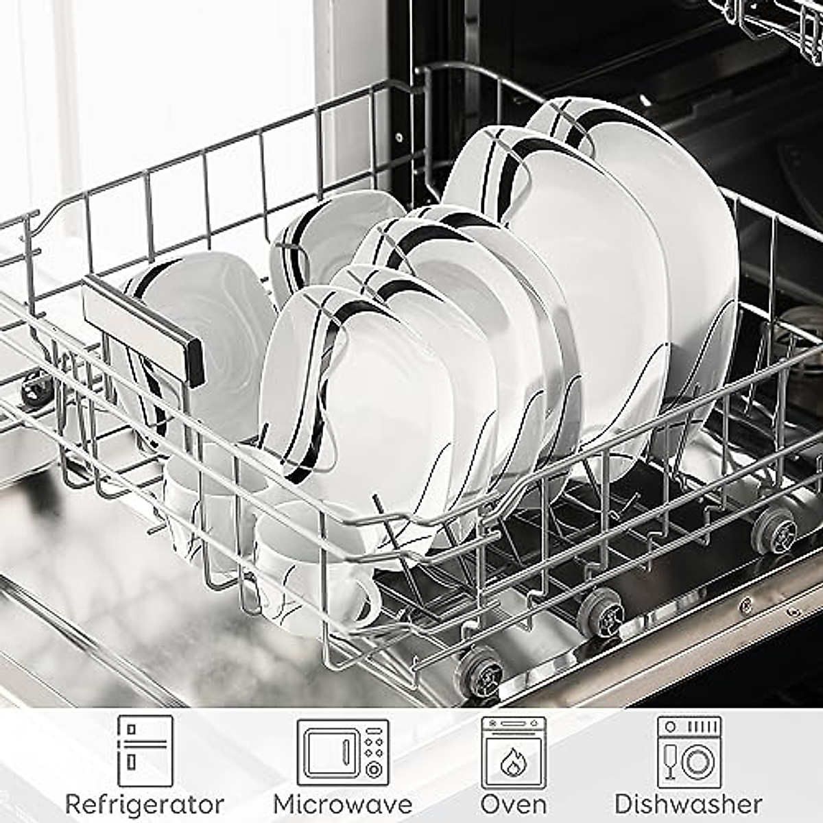 VEWEET, Series Fiona, 30-Piece Dinnerware Sets for 6, White Dishes Set with Black and Gray Stripes, Porcelain Dinner Set Including Dessert Plates, Soup Plates, Dinner Plates, Cups & Saucers