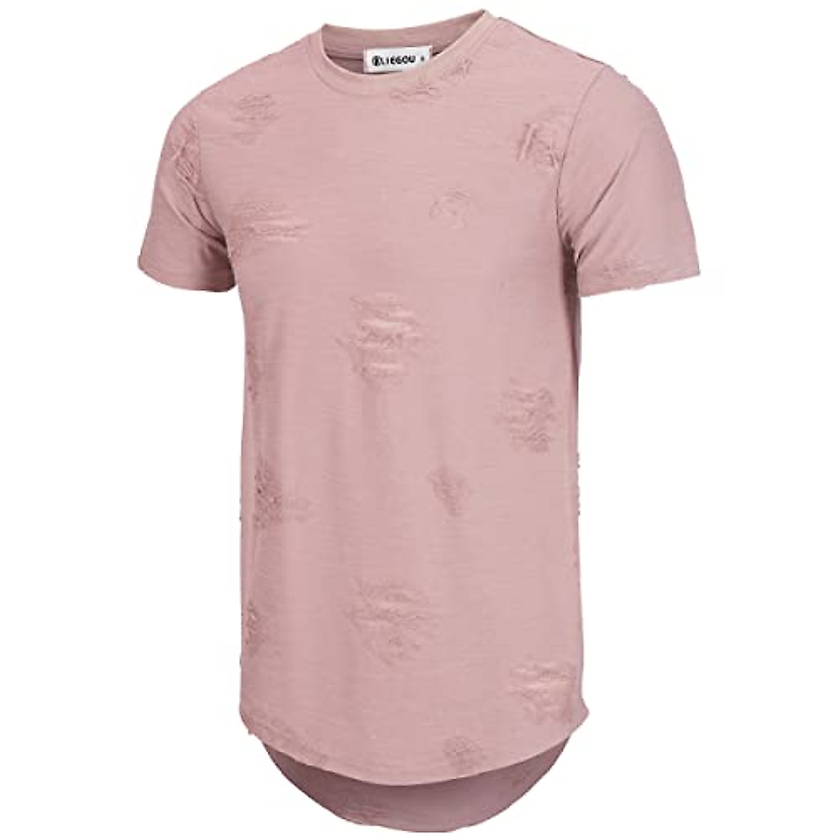 KLIEGOU Mens Hipster Hip Hop Ripped Round Hemline Hole T Shirt(1705) (Large, Pink)