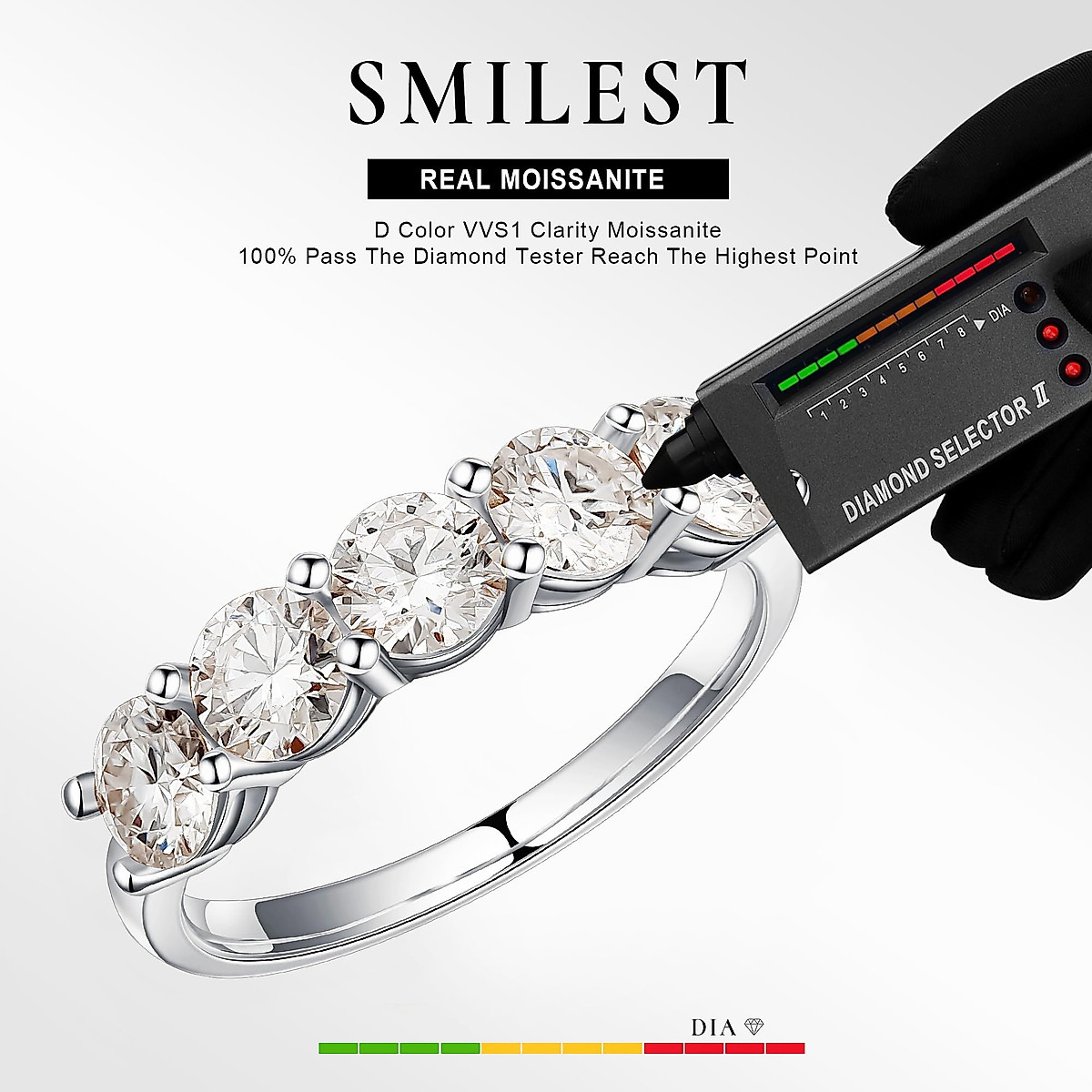 SMILEST 5 Stone Moissanite Rings for Women, Brilliant Round Cut Lab Created Diamond Wedding Band 14K White Gold Vermeil 925 Sterling Silver Moissanite Anniversary Rings for Women Stackable Rings