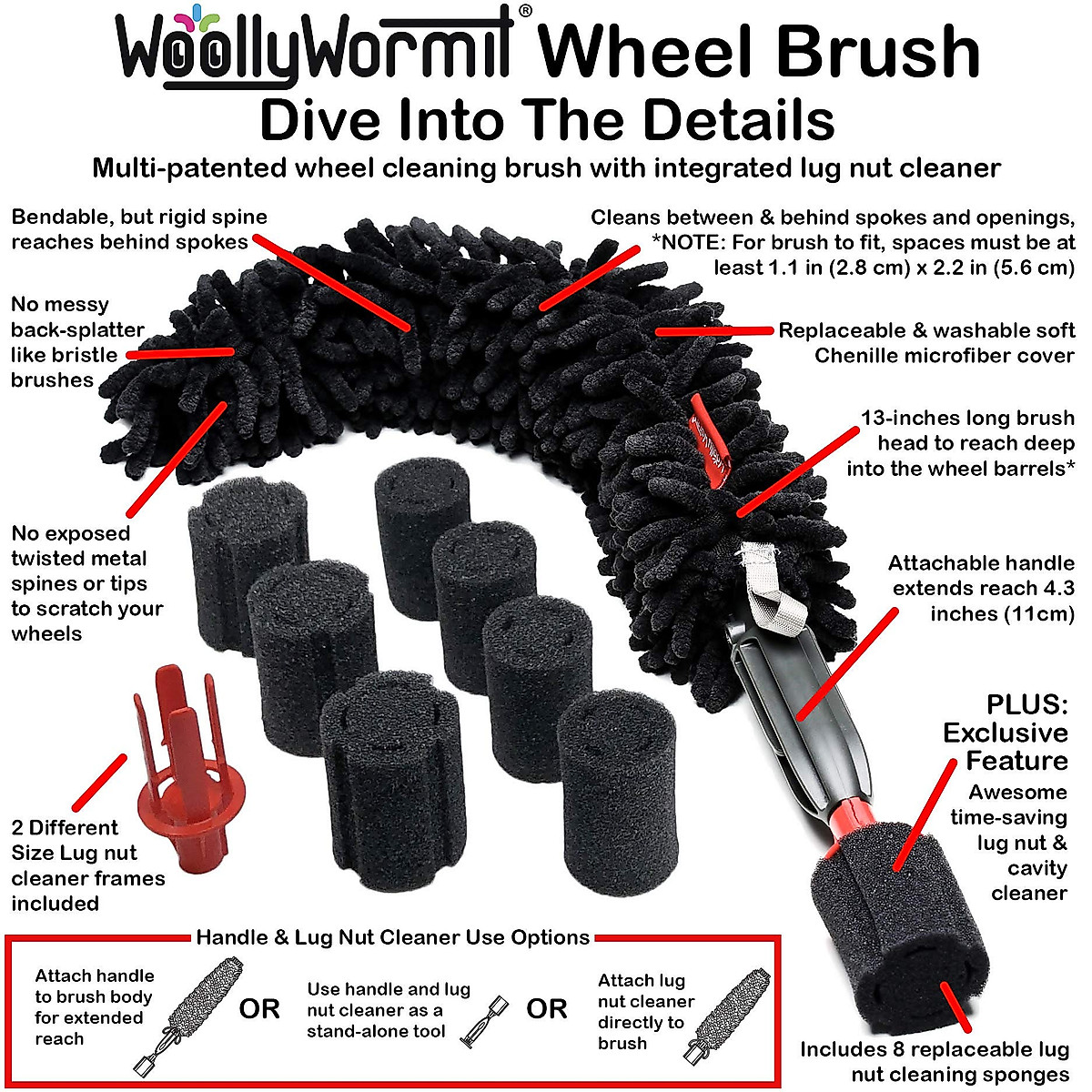 WOOLLYWORMIT Wheel Brush Car Detailing Kit - Lug Nuts & Wheel Cleaner Car Wash Kit - Car Cleaning Kit - Car Cleaning Supplies - Car Wash Brush Set