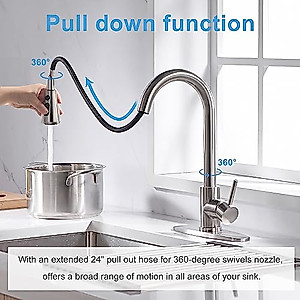 Kitchen Sink Faucet, Kitchen Faucet Stainless Steel with Pull Down Sprayer Brushed Nickel High arc Single Handle Single Hole with 3/8” Male to 1/2” Male Adapter 10 inches Deck Plate