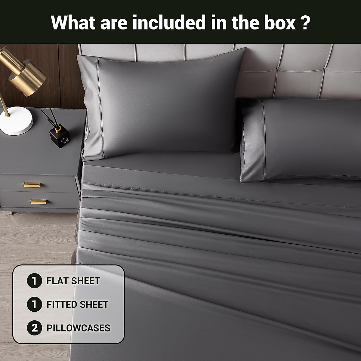 Shilucheng Cooling Breathable Bamboo Bed Sheets Set - King Size,1800 Thread Count Super Silky Soft with 16 Inch Deep Pocket, Machine Washable, 4 Piece (King,Dark Grey)