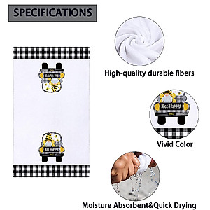 Set of 2 Buffalo Plaid Bee Gnome Kitchen Dish Towel 18 x 28 Inch, Seasonal Spring Summer Bee Happy Tea Towels Dish Cloth for Cooking Baking