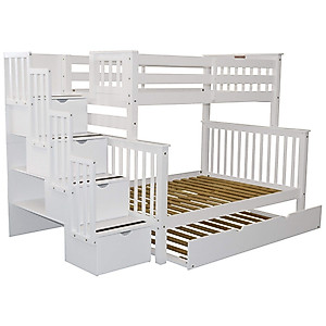 Bedz King Stairway Bunk Beds Twin over Full with 4 Drawers in the Steps and a Twin Trundle, White