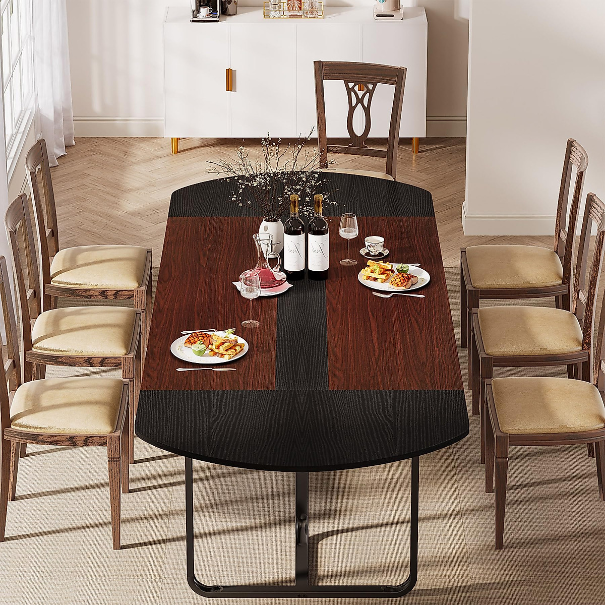 Tribesigns 70.86" Modern Oval Dining Table with Walnut and Black Finish Splicing Board, Curved Kitchen Tables for 6-8, Large Dining Room Table with Stylish Metal Legs (Walnut+Black)