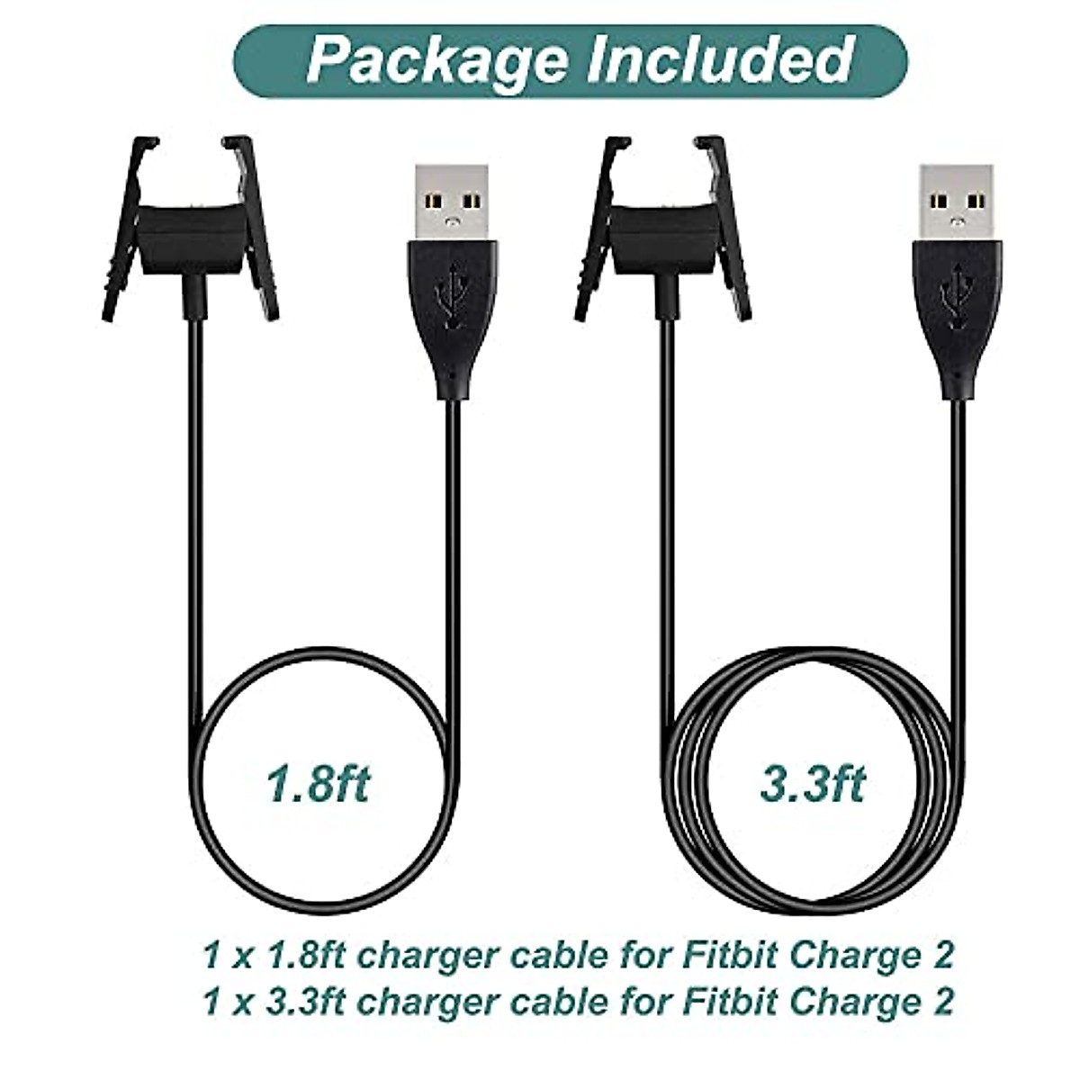 Kissmart Charger for Fitbit Charge 2, Replacement USB Charging Cable Cord for Fitbit Charge2 Smart Wristband (2-Pack, 1.8ft & 3.3ft)
