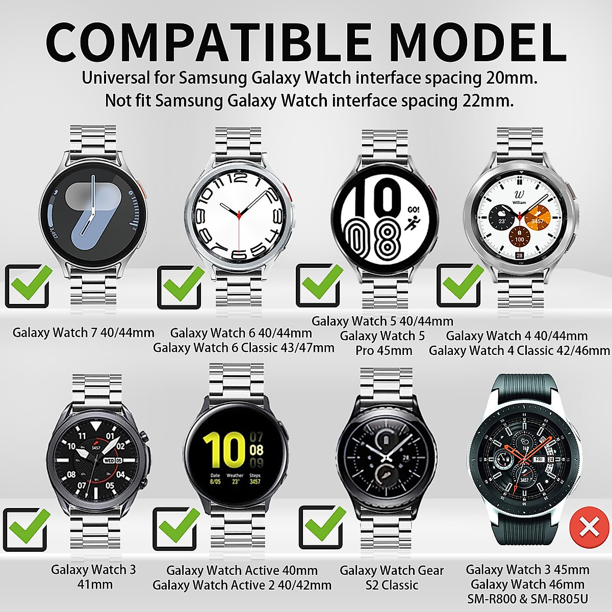 Compatible with Samsung Galaxy Watch 7 6 5 4 FE Band Pro Classic Active 2 40mm 44mm 43mm 47mm 45mm 42mm 46mm 20mm Galaxy Watch 3 Band 41mm Men Women Metal Elegant Casual Business Stainless Steel