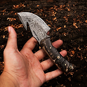 SUSA KNIVES Special Fixed Blade Hunting Knife, Beautiful Damascus Gut Hook Knife Made of Remarkable Damascus Steel Ram Horn Handle, with leather sheath (RAM HORN)
