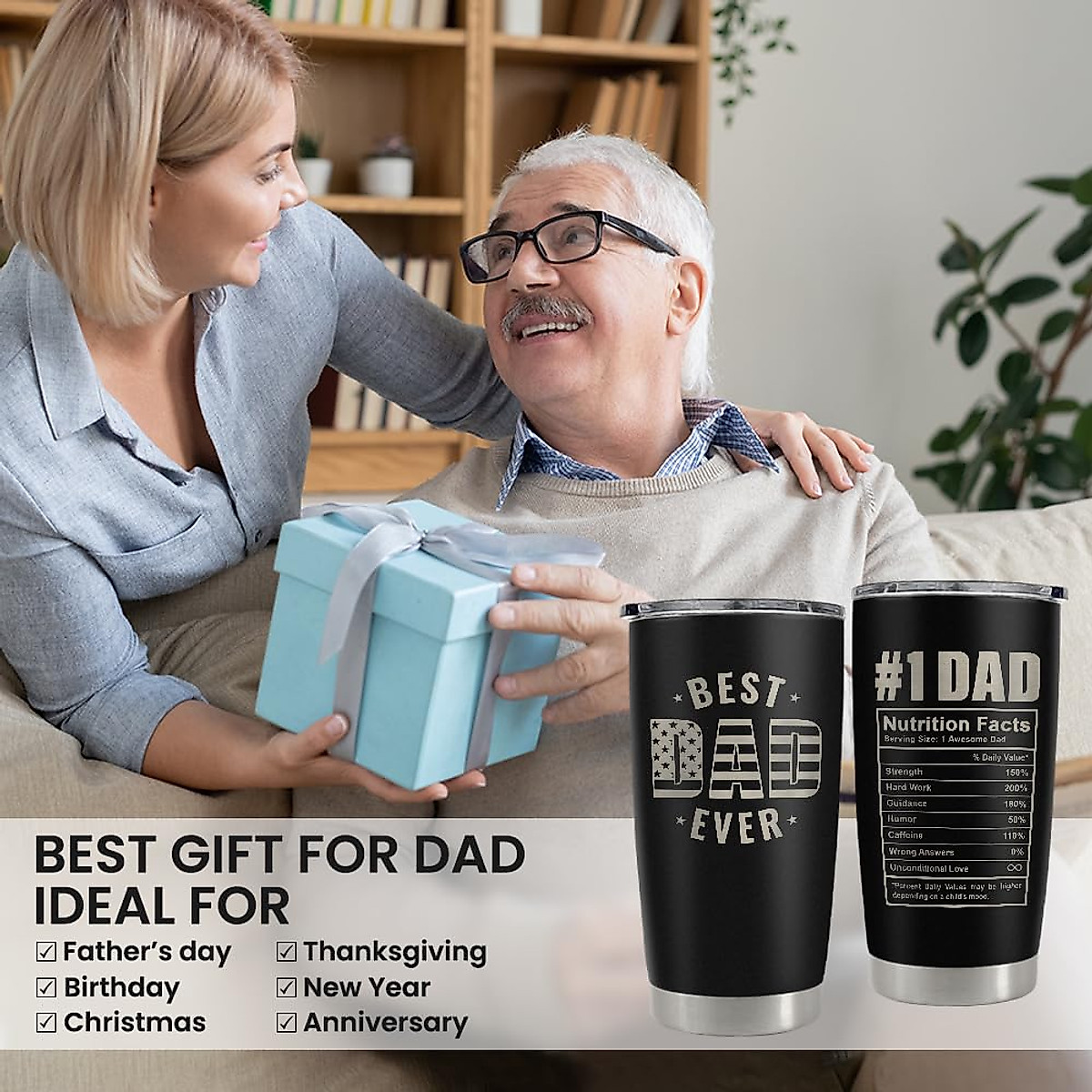 SANDJEST Best Dad Ever Tumbler with Lid - Dad Nutrition Facts 20oz Insulated Stainless Steel Mug - Coffee Mug for Travel Outdoor Sport Office, Gift for Father’s Day Birthday