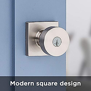 Kwikset Pismo Front Entry Locking Door Knob, Secure Keyed Exterior Entrance Handle, With Square Rose, SmartKey Re-Key Security Technology and Microban Protection in Satin Nickel