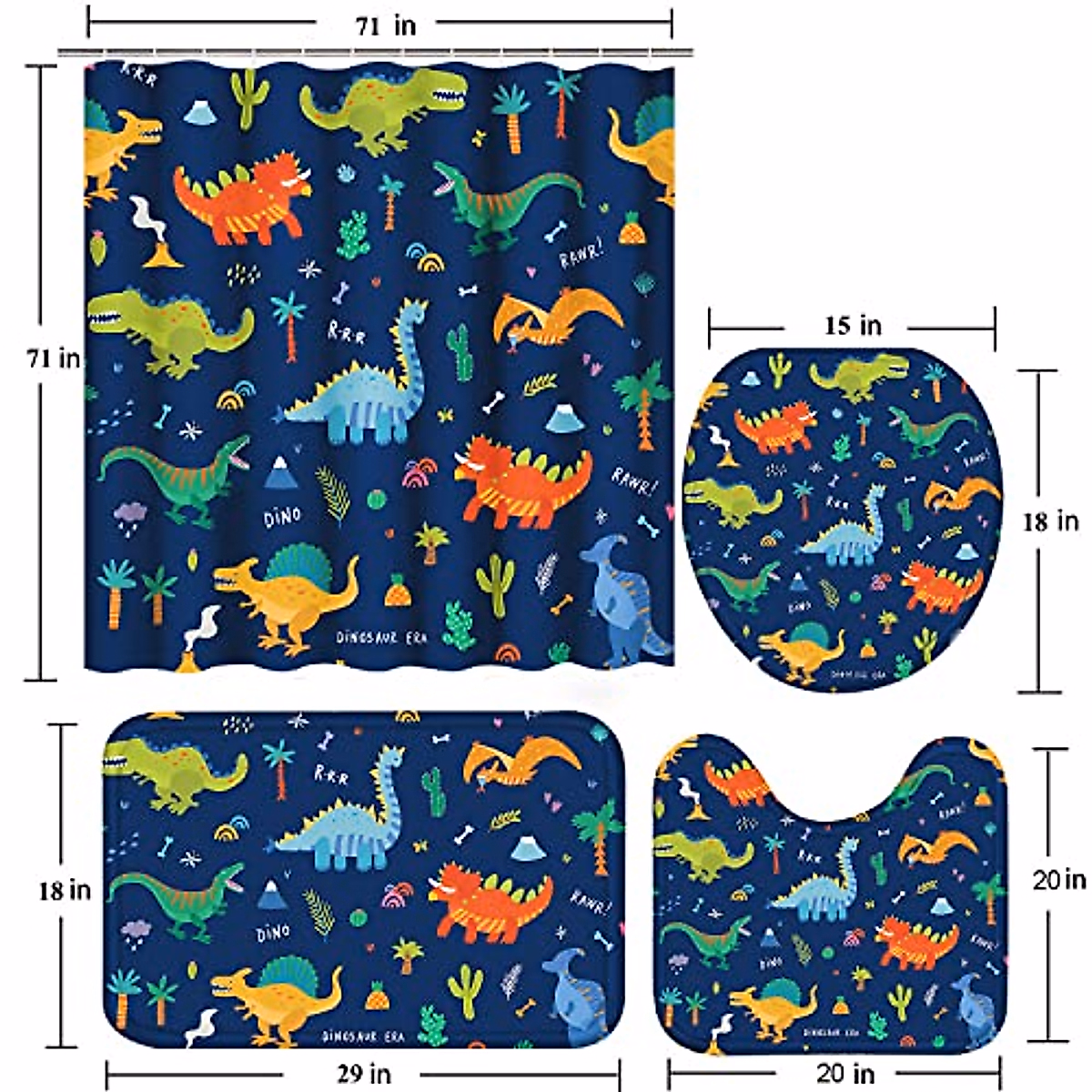 Poedist 4 Pcs Bathroom Shower Curtain Set,Kid's Bathroom Set,Shower Curtain Sets with Rugs(Bath Mat,U Shape and Toilet Lid Cover Mat) and 12 Hooks,Dark Blue Cartoon Dinosaur