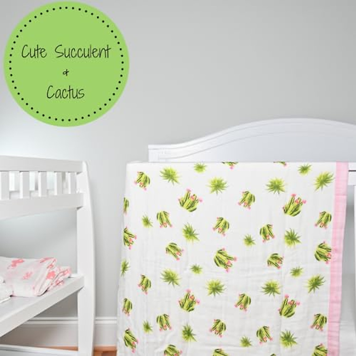 LollyBanks Muslin Quilt Blanket, Large 47 x 47 Inches Versatile Crib Blanket for Baby Girls, 6 Layers Newborn Blanket, Soft Blend 70% Viscose Made from Bamboo + 30% Cotton, Registry (Cactus Print)