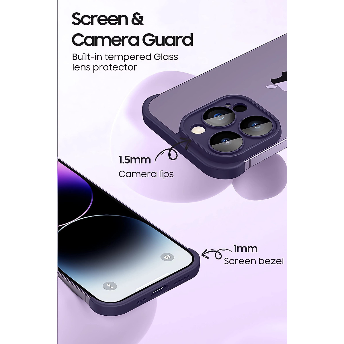 LEKEVO Frameless Fit for iPhone 14 Pro Case with Camera Lens Protector, Slim Soft TPU Shockproof Phone Cover, Minimalist Yet Protective Bumper Shell (Purple)