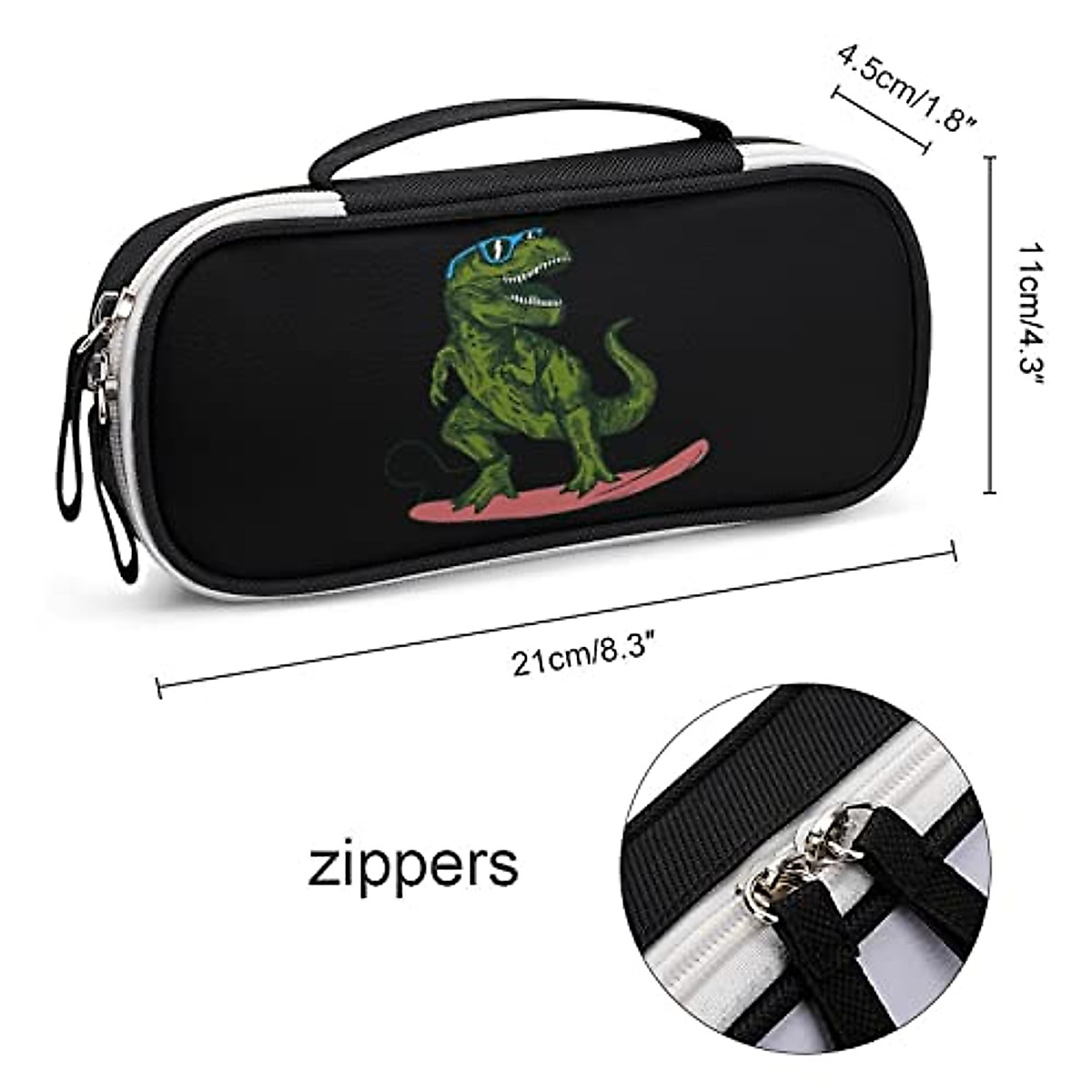 Surfing Dinosaur Pencil Case Bag Large Capacity Stationery Pouch with Handle Portable Makeup Bag Desk Organizer
