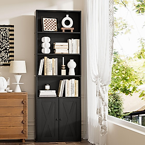 JAMFLY Open Bookshelf and Bookcase with Doors, 6 Shelf Storage Shelves Tall Bookcase for Bedroom, Living Room and Office, Black