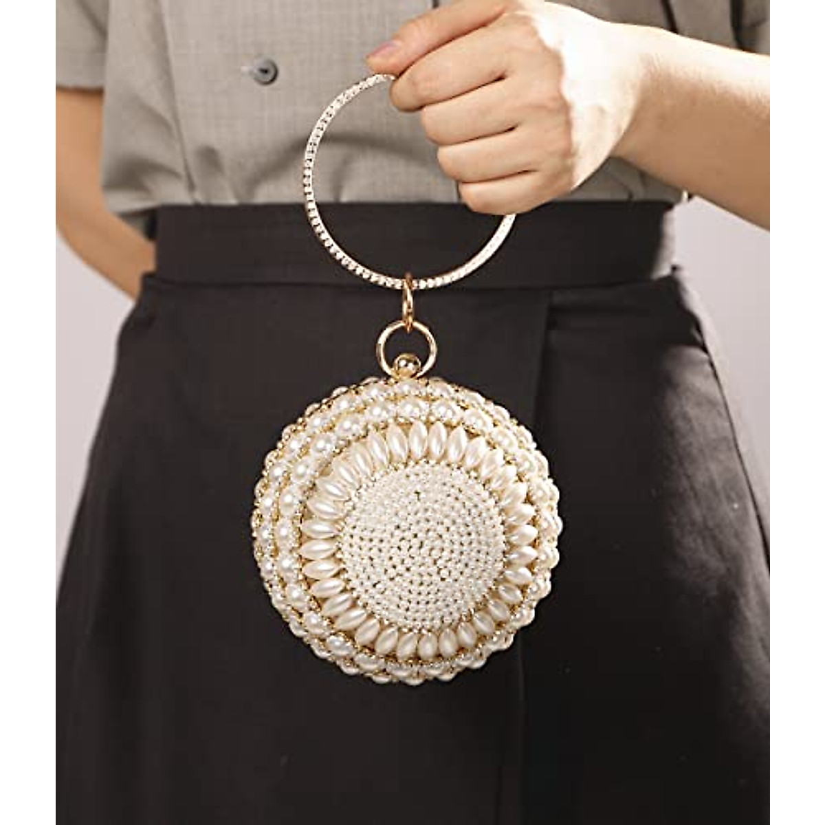 Sither Round Ball Handbag Purses for Women Evening Ball Handbag Purses Pearls Clutch Purses Shoulder Chain Bags for Party Prom Christmas Gift (gold)