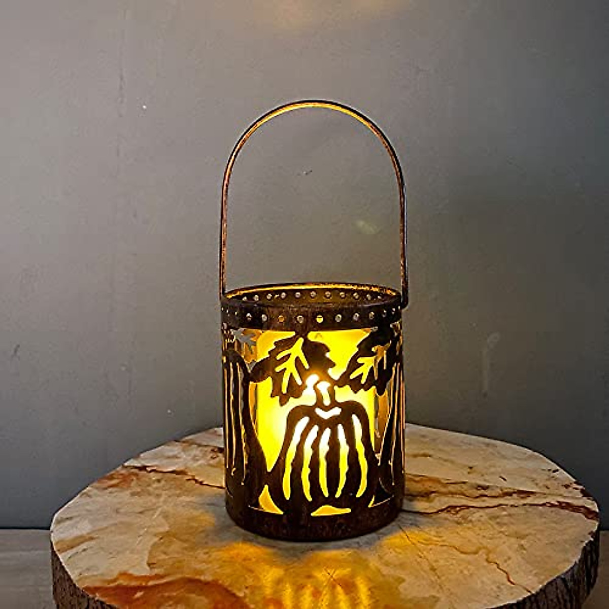 sakalaexp Halloween Hollow Wrought Iron Candle Holder Small Lantern Led Decoration Table Lamp Lights Indoor Outdoor Home Garden Hanging Lantern Weddings Party Halloween Thanksgiving Decor